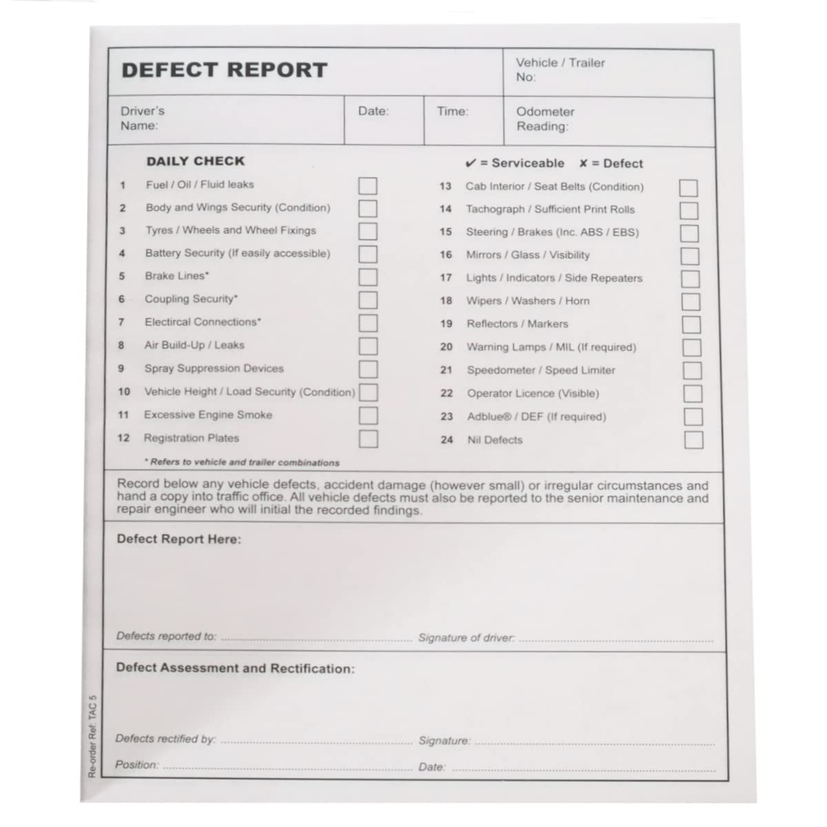 Daily Check Driver Defect Book HGV Truck Van 50 Page Defect Fault ...