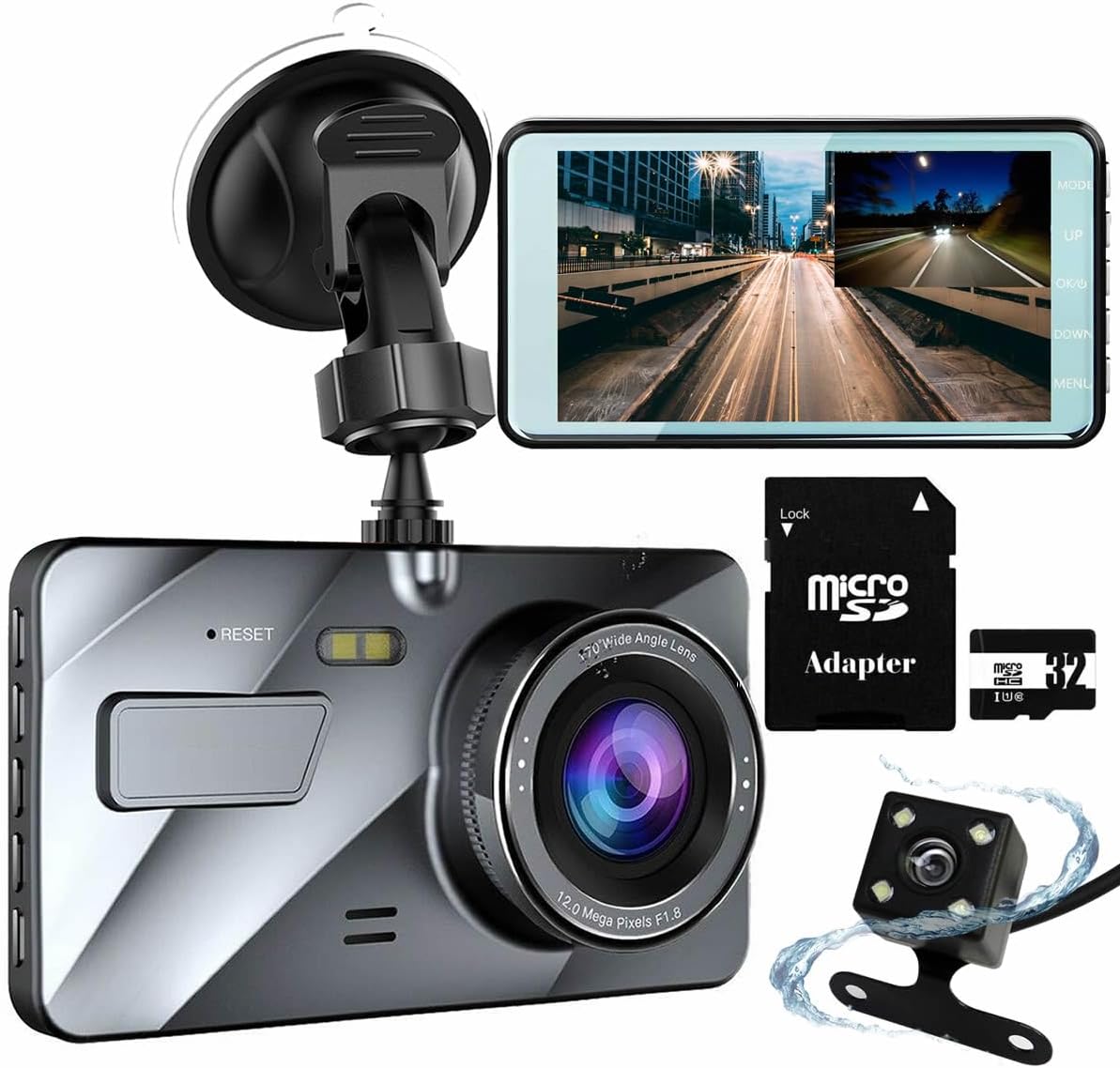 Dash Cam for Car With 32GB Memory Card, Front and Rear Cameras 1080P ...