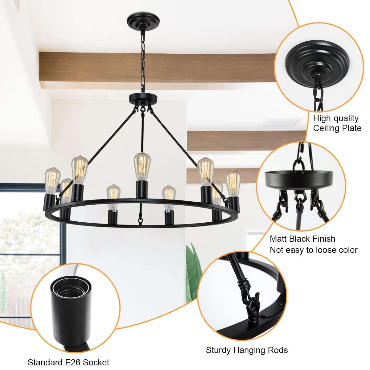 Senyshilon Wagon Wheel Chandelier 9-Light Farmhouse Chandelier, Dia 32 ...