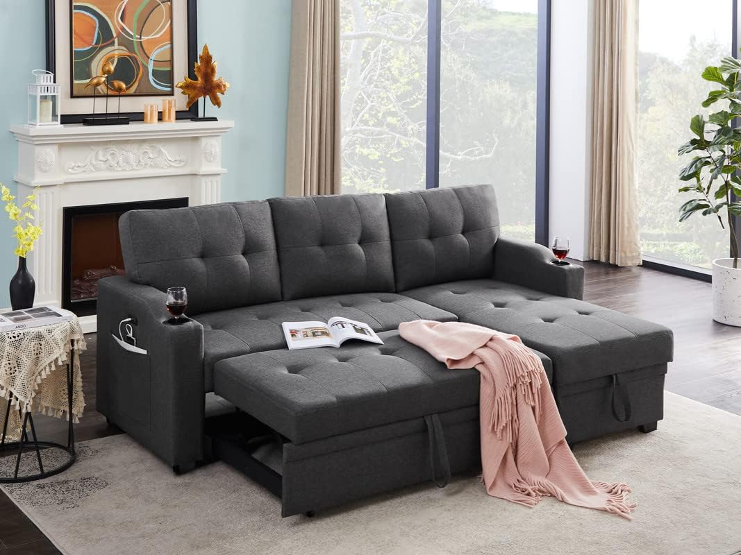 Amazon.com: YOOXX 83" L-Shaped Linen Sectional Sofa with Storage Chaise ...