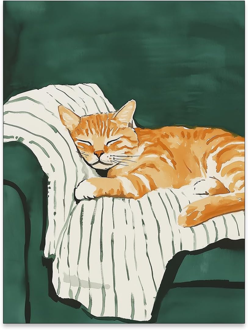 Amazon.com: Sleeping Orange Cat poster Green Aesthetic Wall Art Preppy ...