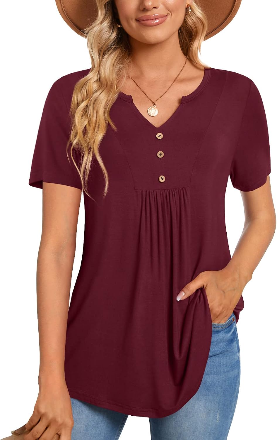 CATHY Womens Short Sleeve Tunic Tops Henley Shirt V-neck Button Up ...