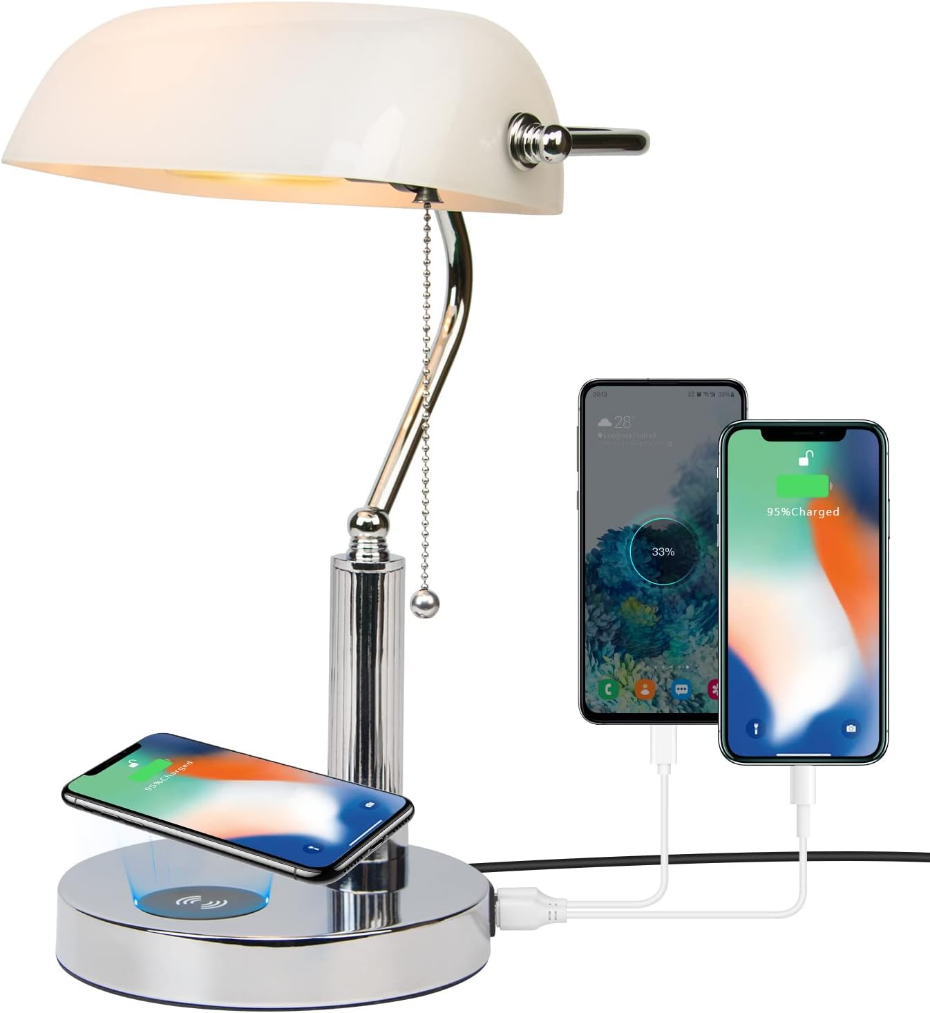 FIRVRE Bankers Lamp, White Glass Desk Lamp with Wireless Charger and ...