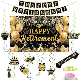 Black Gold Happy Retirement Banner Backdrop Kit with Sash,Funny Card ...