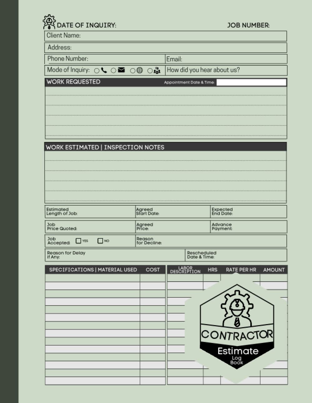 Contractors Estimate Log Book Job Estimate Quote Record Book Client ...