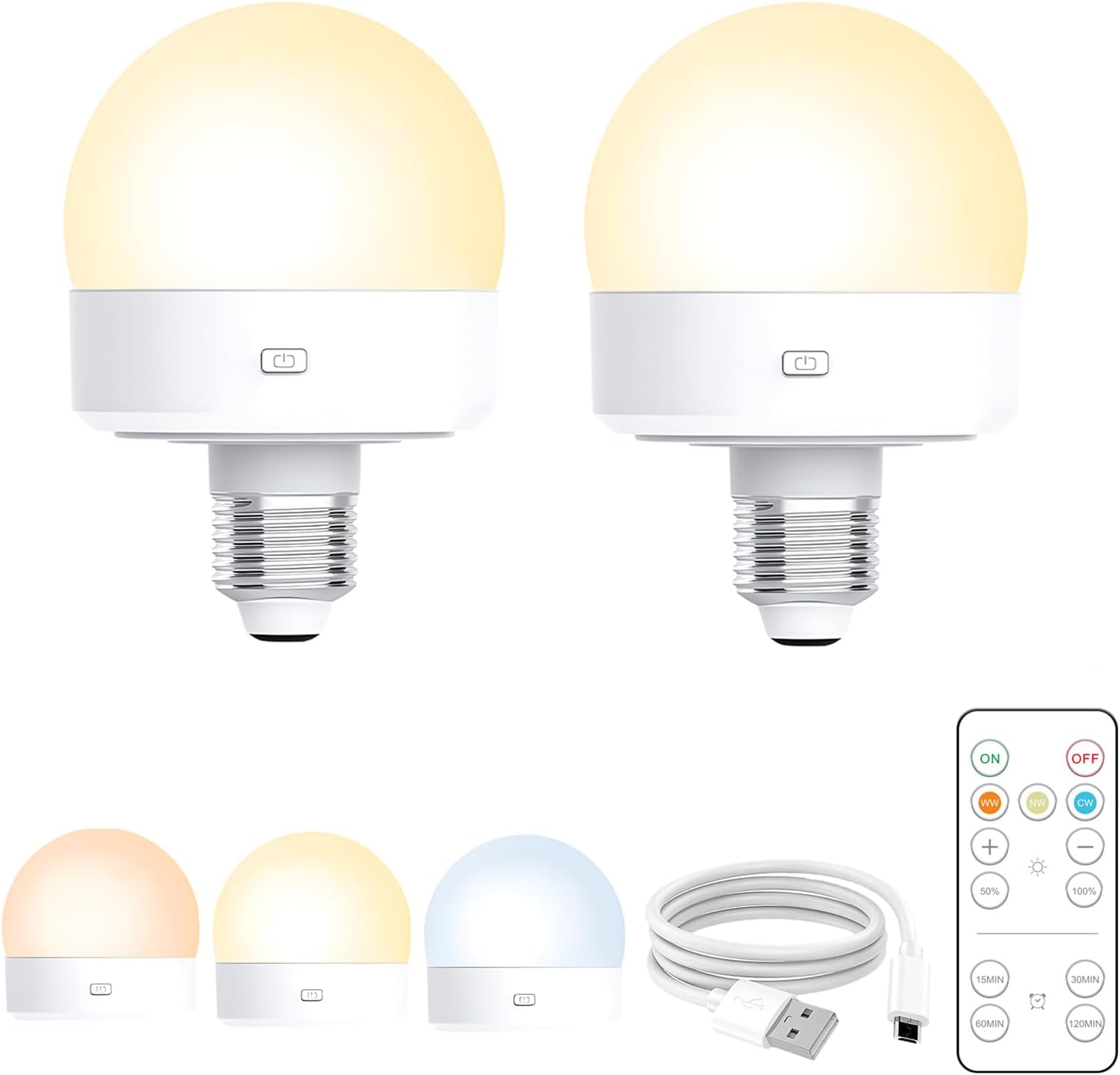 Hoquare USB Rechargeable E27 Light Bulb, 2pcs Remote Control LED Light ...