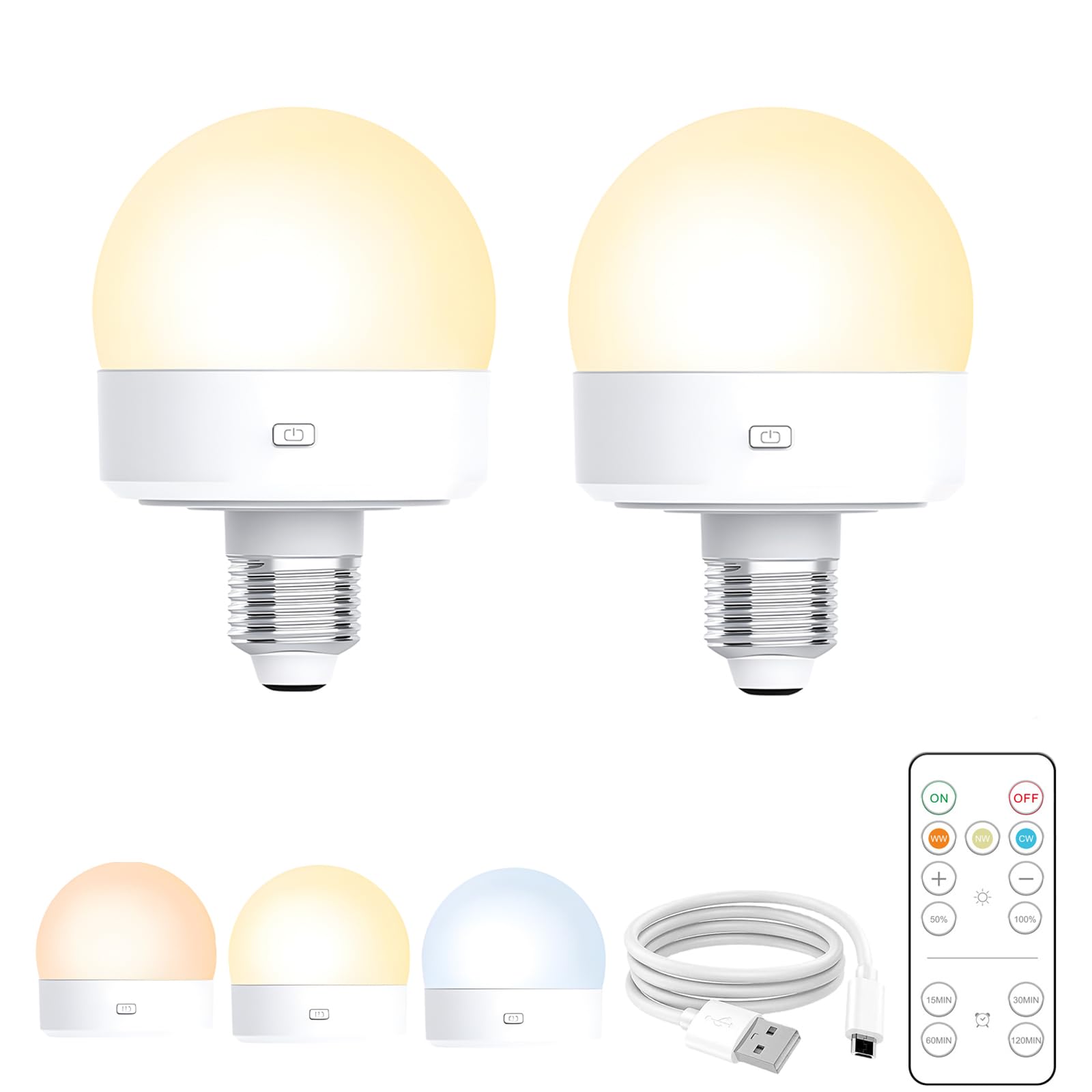 Hoquare USB Rechargeable E27 Light Bulb, 2pcs Remote Control LED Light ...