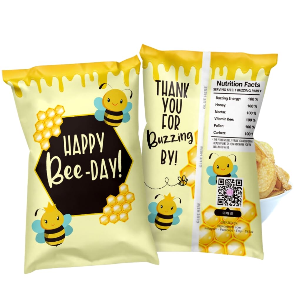 Amazon.com: Happy Bee Day Birthday Chip Bag Party Favor Goodie Bags ...