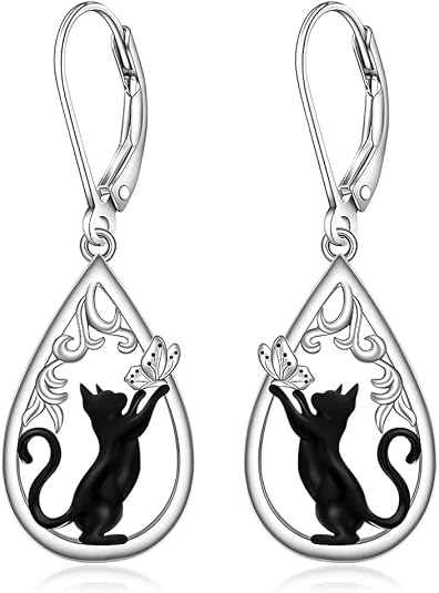 Amazon.com: Black Cat Earrings for Women Sterling Silver Butterfly ...