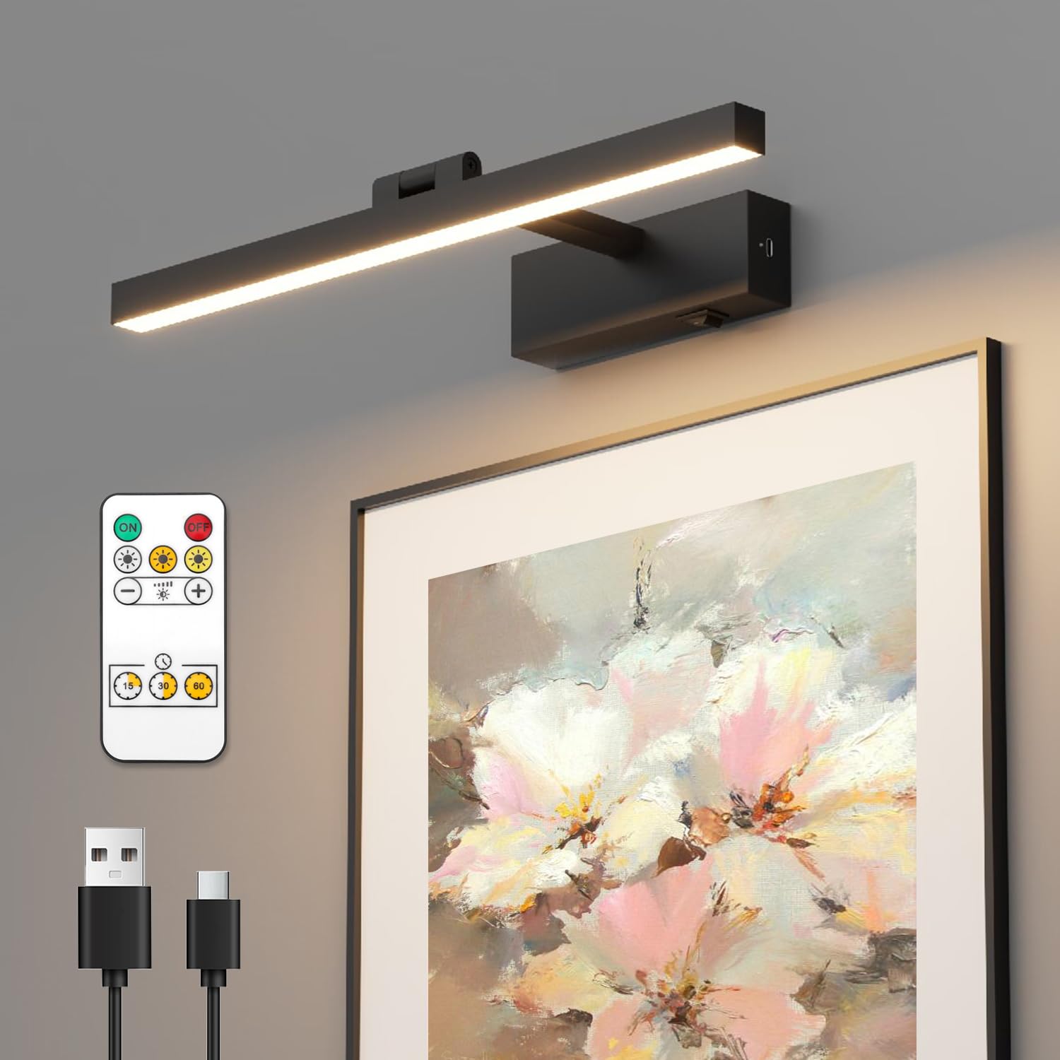 Coinmit Black Battery Operated Picture Light for Paintings with Remote, Wireless Dimmable Art ...