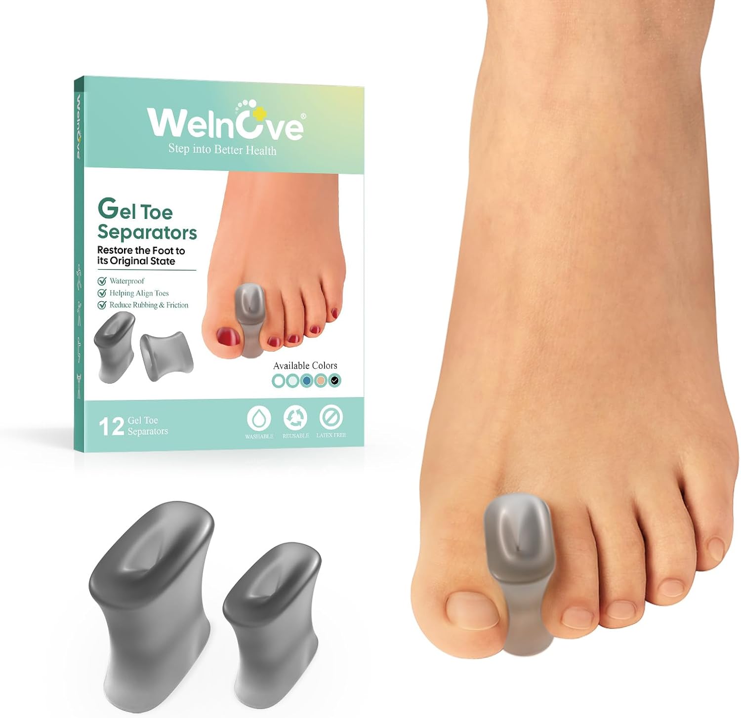 Welnove 12-Pack Gel Toe Separators – Bunion Pads – Toe Spacers for ...