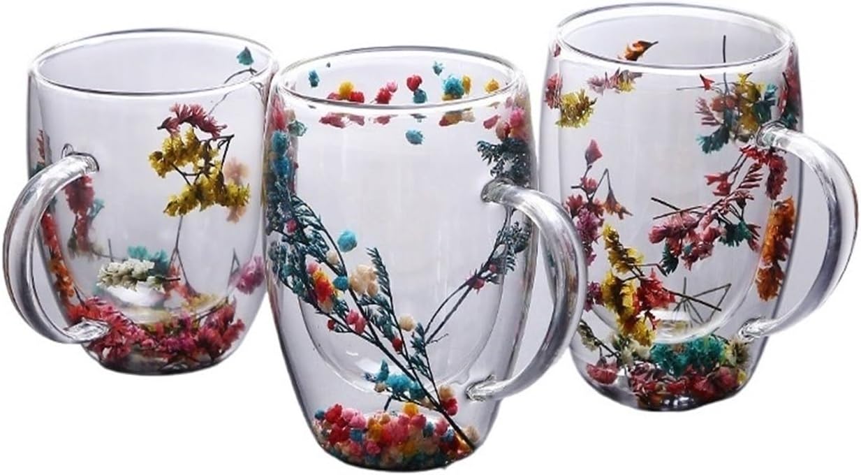 Amazon.com | ITOMEN Mug 1/2pcs Dry Flowers Double Wall Glass Cup With ...
