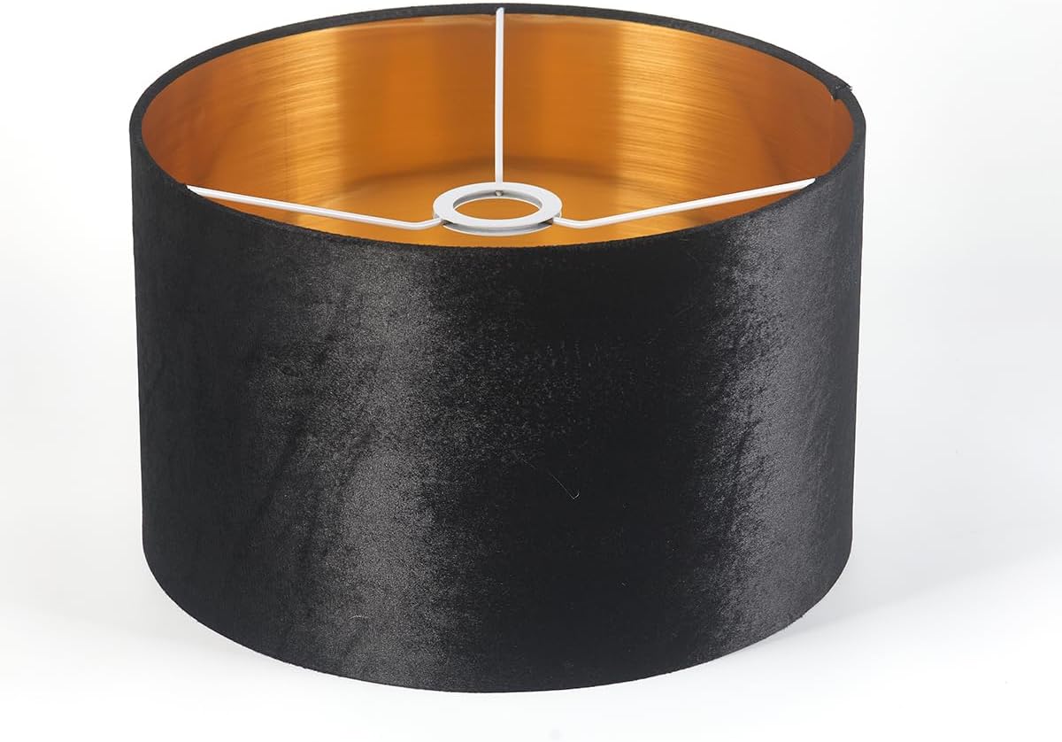 Contemporary Black 16 Velvet Round Drum Lampshades W Matt Golden Inner