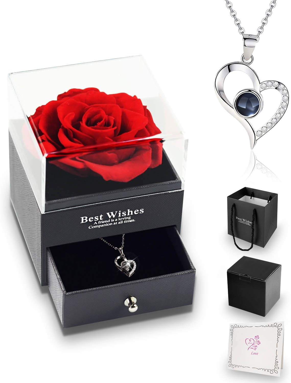 FullGen Preserved Rose, Eternal Rose Gift Box with I Love You Necklace ...