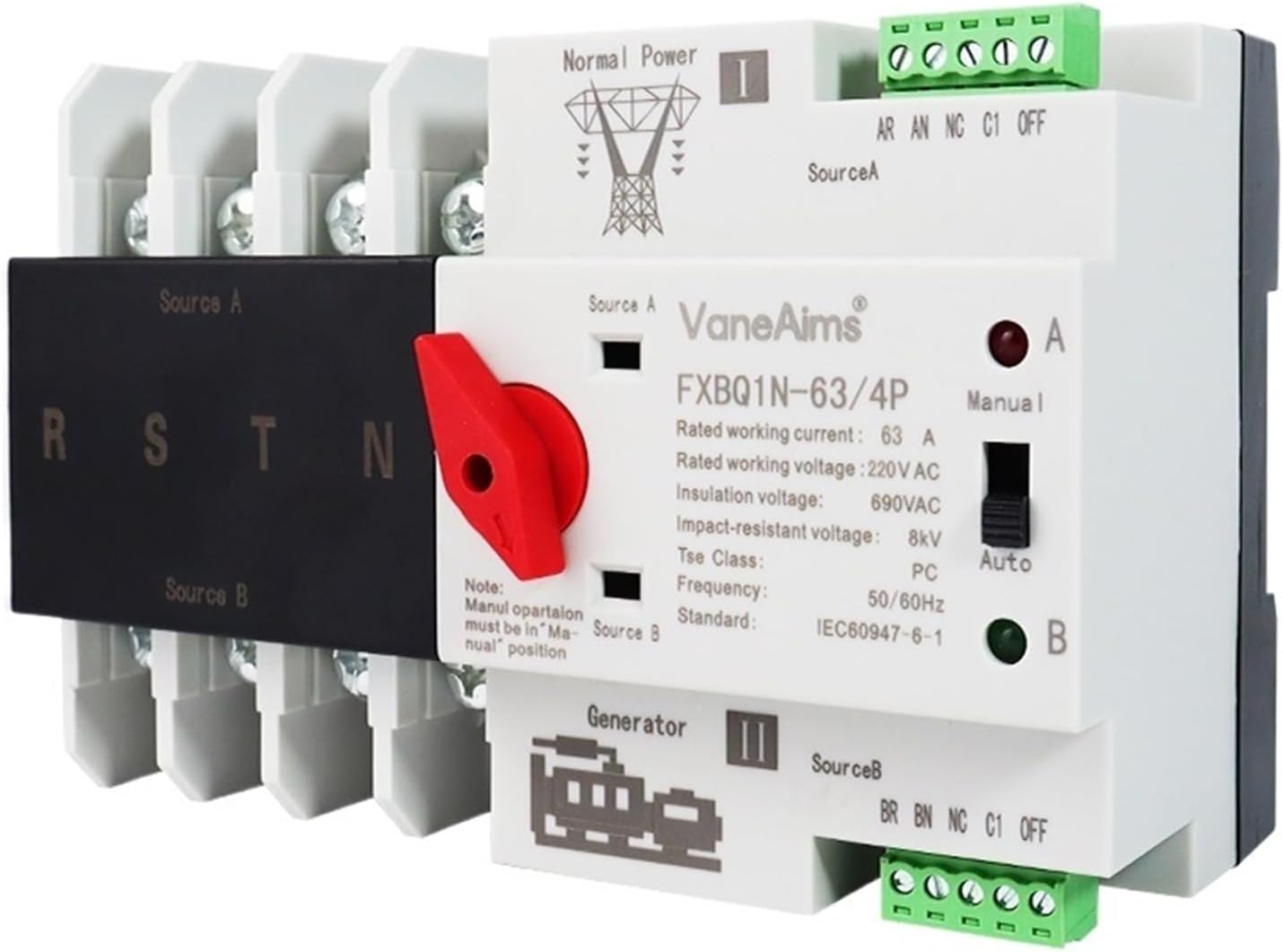 Amazon.com: JOOCLA 4P Din Rail ATS Automatic Transfer Switch 63A 100A ...