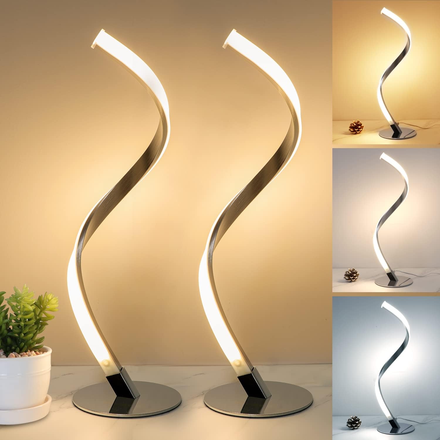Set of 2 Modern Spiral LED Table Lamps, 3 Colors & Stepless Dimmable ...