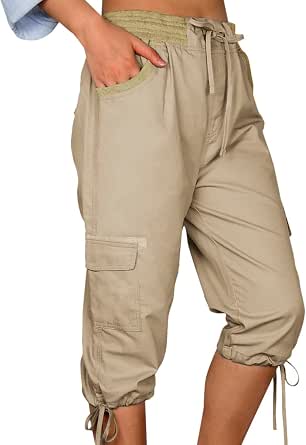 GuGsi Women's Cargo Capris Pants Slim Fit Drawstring Fl-ap Pocket Tie ...