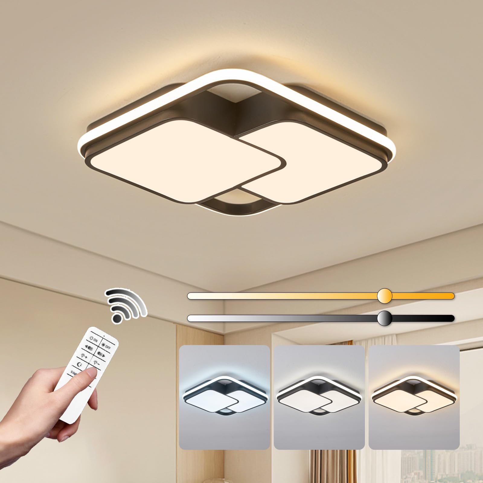 Modern LED Ceiling Light Fixture, 15.7in Dimmable Black Flush Mount LED ...