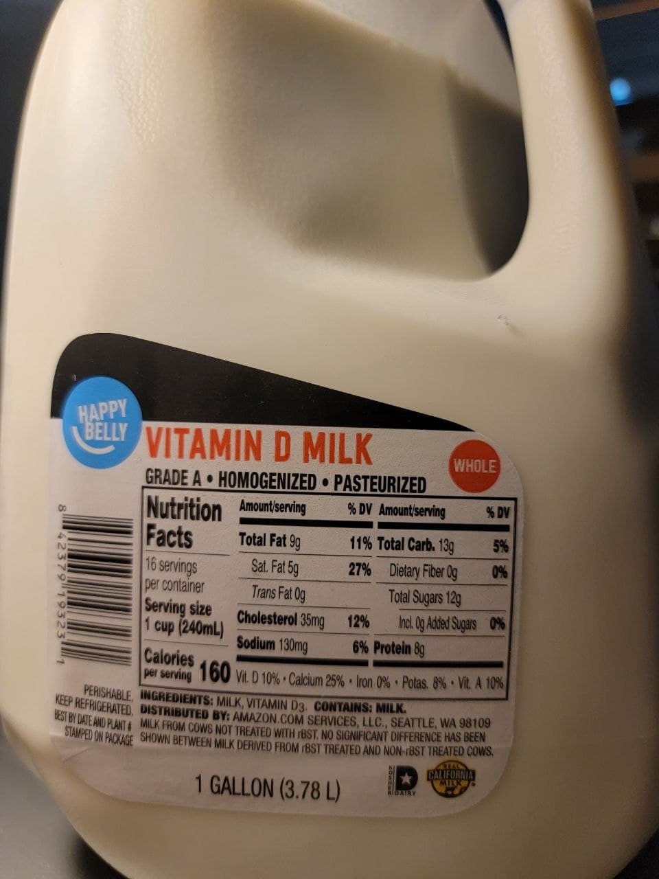 Amazon.com: Amazon Brand - Happy Belly Whole Milk, 1 Gallon, 128 fl oz ...