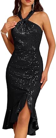Amazon.com: GRACE KARIN 2023 Women's Halter Sequin Dress Sleeveless Ruffle Midi Cocktail Party ...