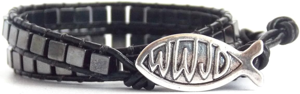 Amazon.com: WWJD Black Bracelet Leather Wrap With Beads and Jesus Fish ...