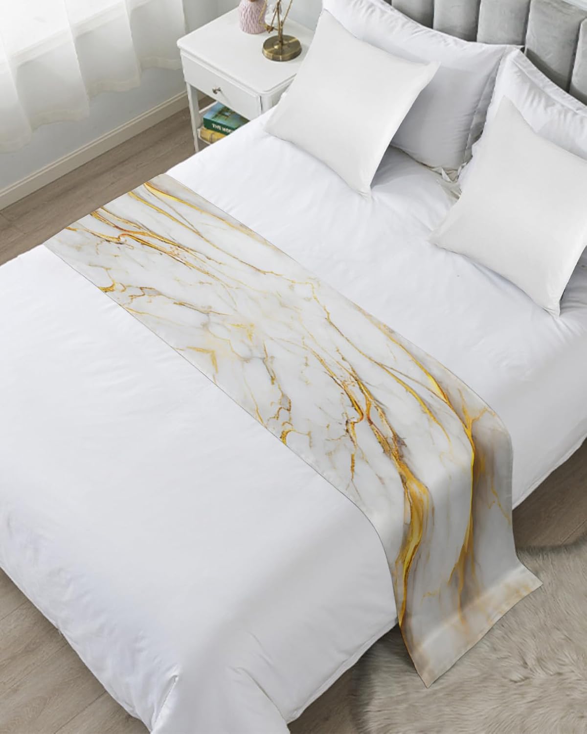 Amazon.com: Yukro Bed Runner Scarf, Marble White Grey Golden Abstract ...