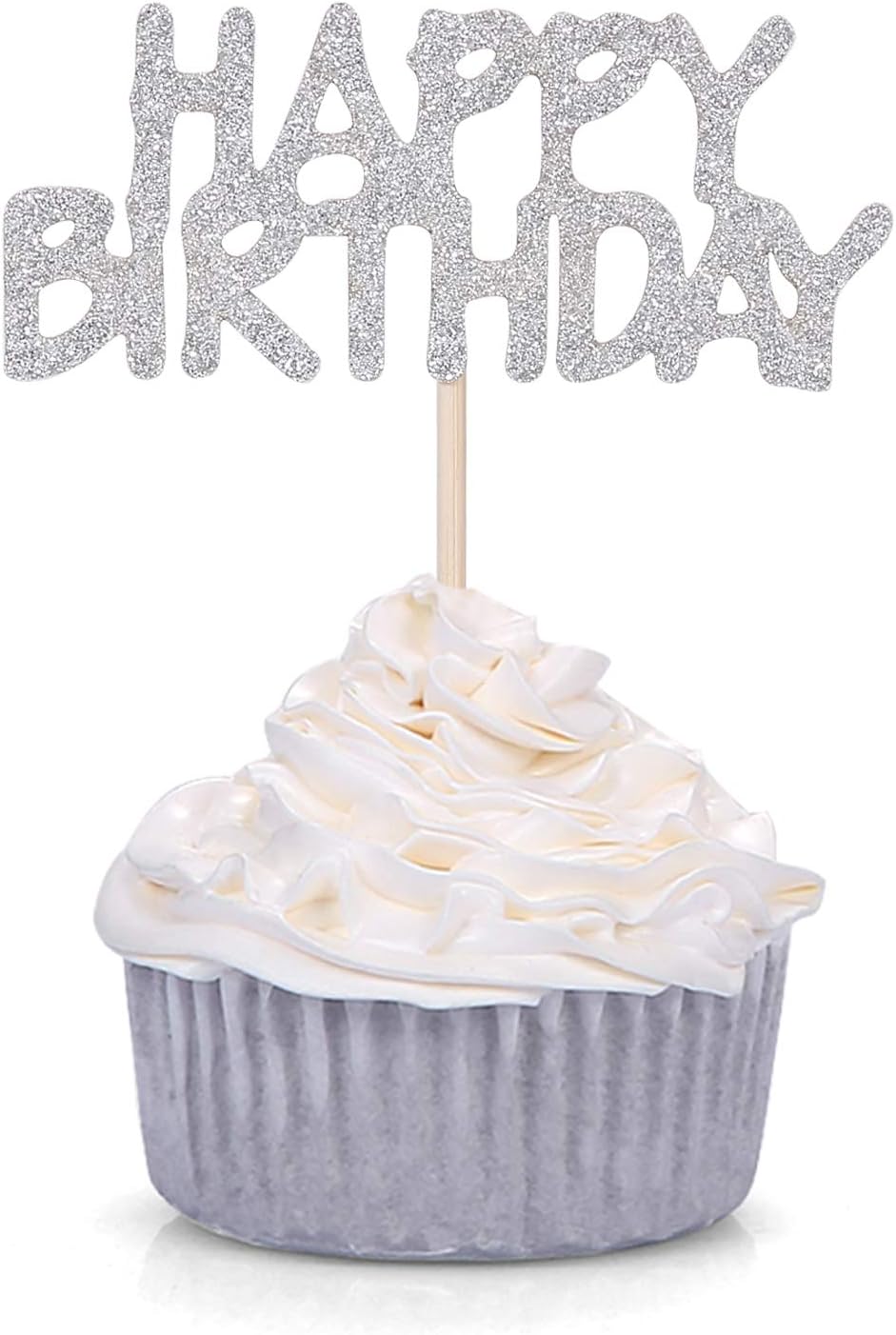 Amazon.com: Pack of 24 Silver Glitter Happy Birthday Cupcake Toppers ...