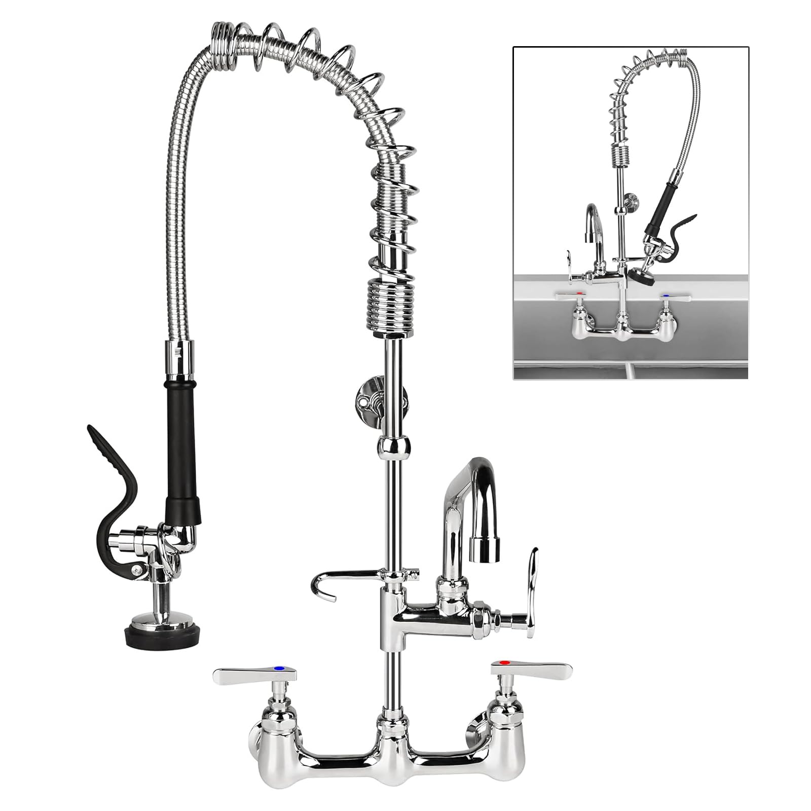 Wall Mount Commercial Kitchen Faucet with Pull Down Sprayer 25'' Height ...