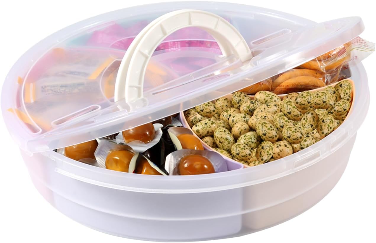 Veggie Tray with Lid&Handle Divided Serving Platter Round Snackle Box ...