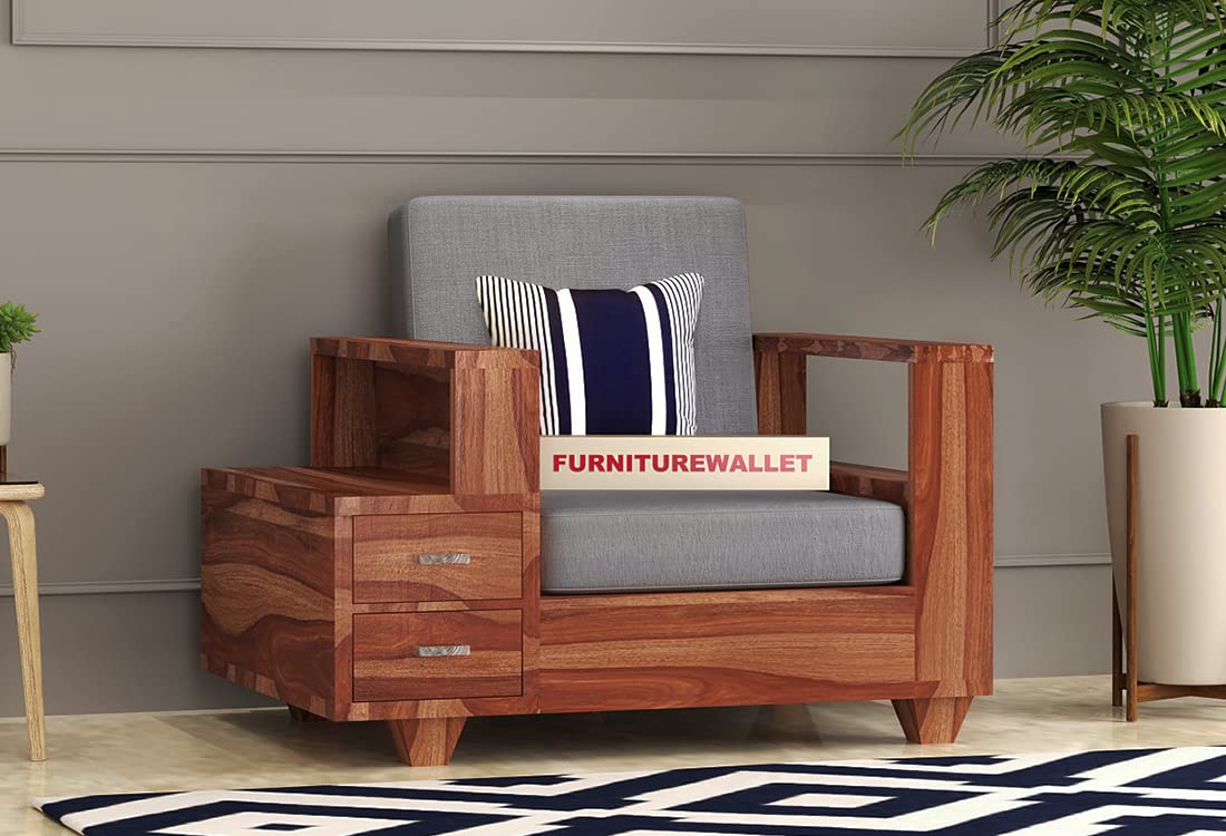 GFH Wooden 1 Seater Sofa for Living Room | Sofa with Attached End Table ...