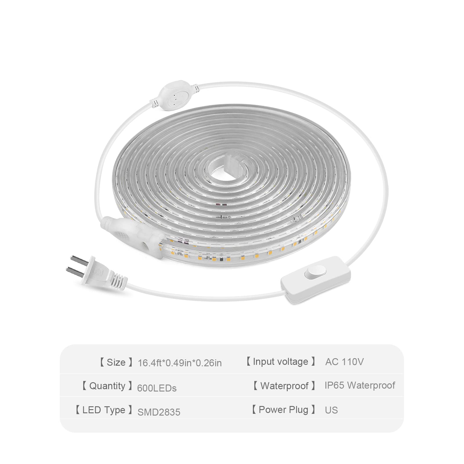 AIMENGTE AC 110V Outdoor LED Strip Lights, IP65 Waterproof 3000K Warm ...