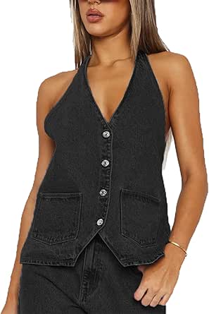 Amazon.com: HOXIJIA Women Tie Halter Neck Denim Vest V Neck Button Down ...