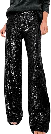 Amazon.com: ODIZLI Womens Wide Leg Sparkle Sequin Pants Elastic High ...