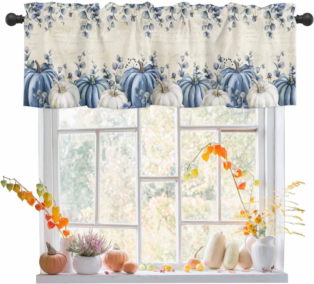 Amazon.com: Valance for Windows White Blue Pumpkins Fall Thanksgiving ...