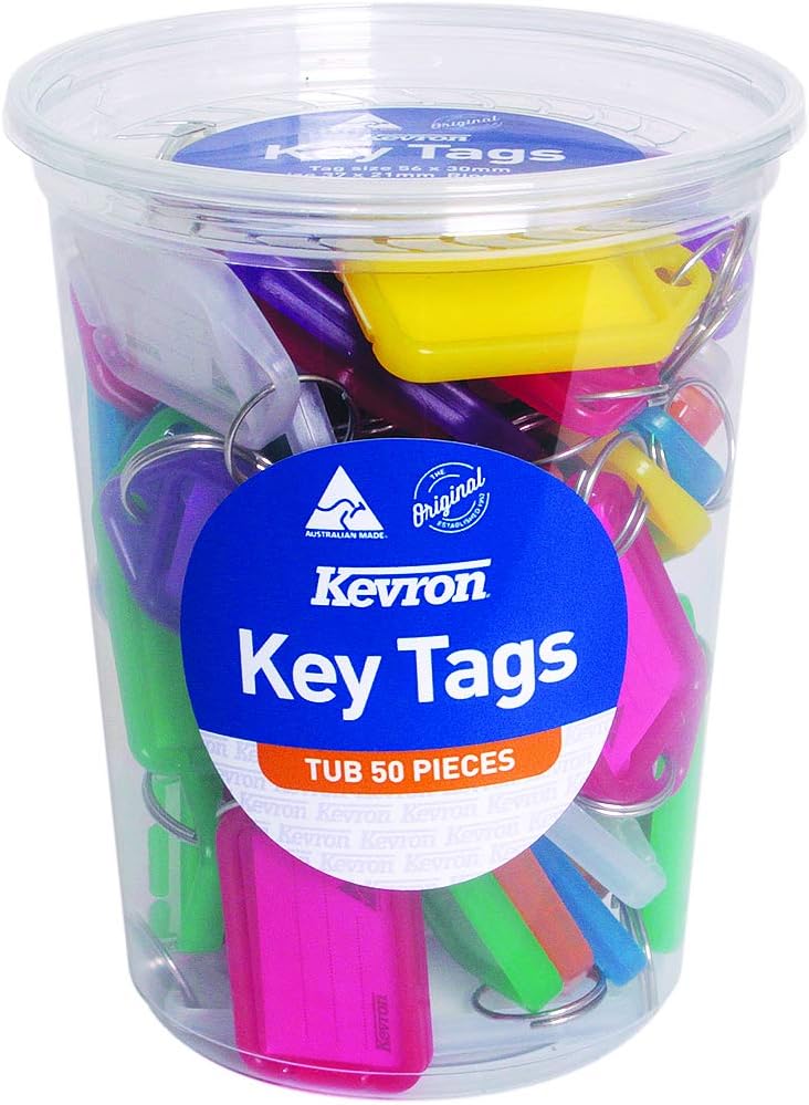Kevron 56x30mm Blue Key Tags with Labels Pack of 100 in Display Box for ...