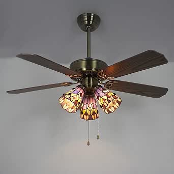 Tiffany Style Ceiling Fan with Light, 5 Reversible Wooden Blades, 3 ...