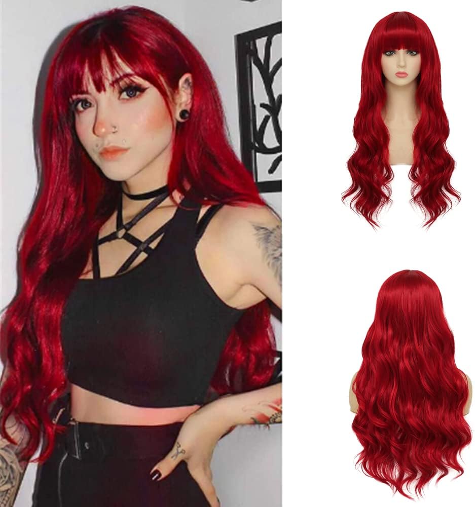Amazon.com : Dai Cloud Red Wigs with Bangs for Women Long Curly Wavy ...