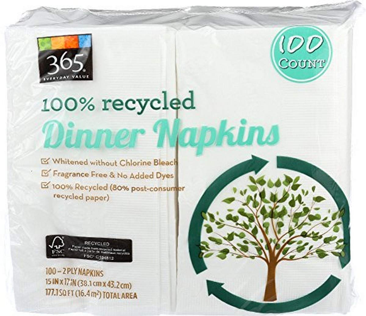 Amazon.com: 365 Everyday Value, 100% Recycled Dinner Napkins, 100 Count ...