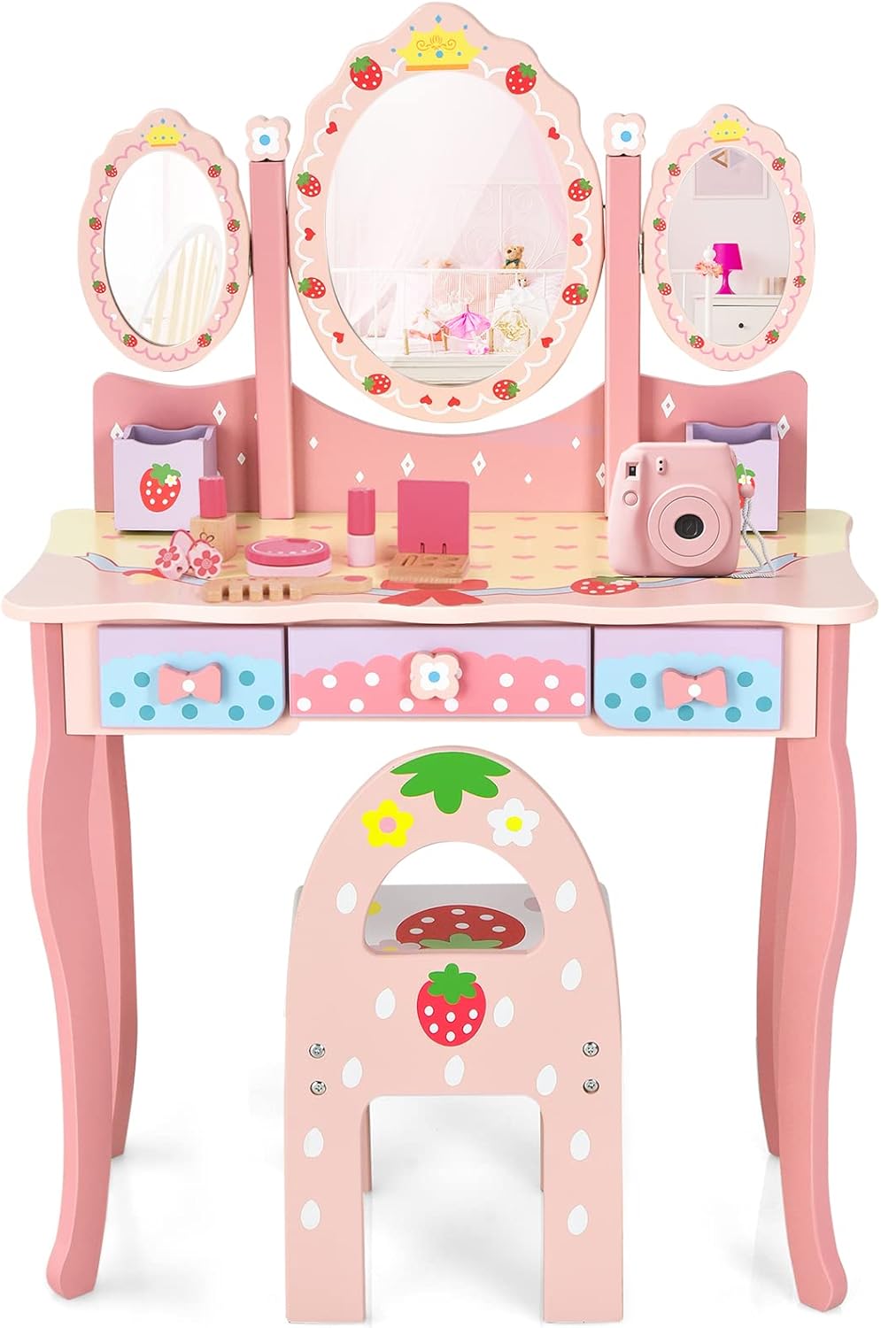 COSTWAY Kids Vanity Table and Chair, Girls Dressing Table with Tri ...