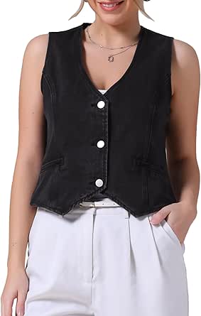Amazon.com: CIMUK Women's Denim Vest V Neck Button Down Sleeveless Waistcoat Vest Top Western ...