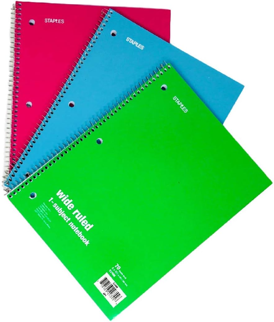 Amazon.com : Staples Wide Ruled 1 Subject Spiral Notebook 70 Sheets Set ...