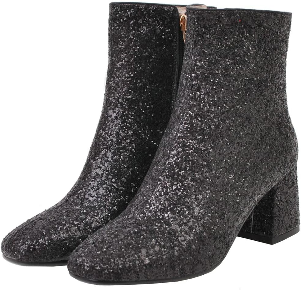 Amazon.com | Meefit Women Glitter Chunky Heel Ankle Boots Round Toe ...