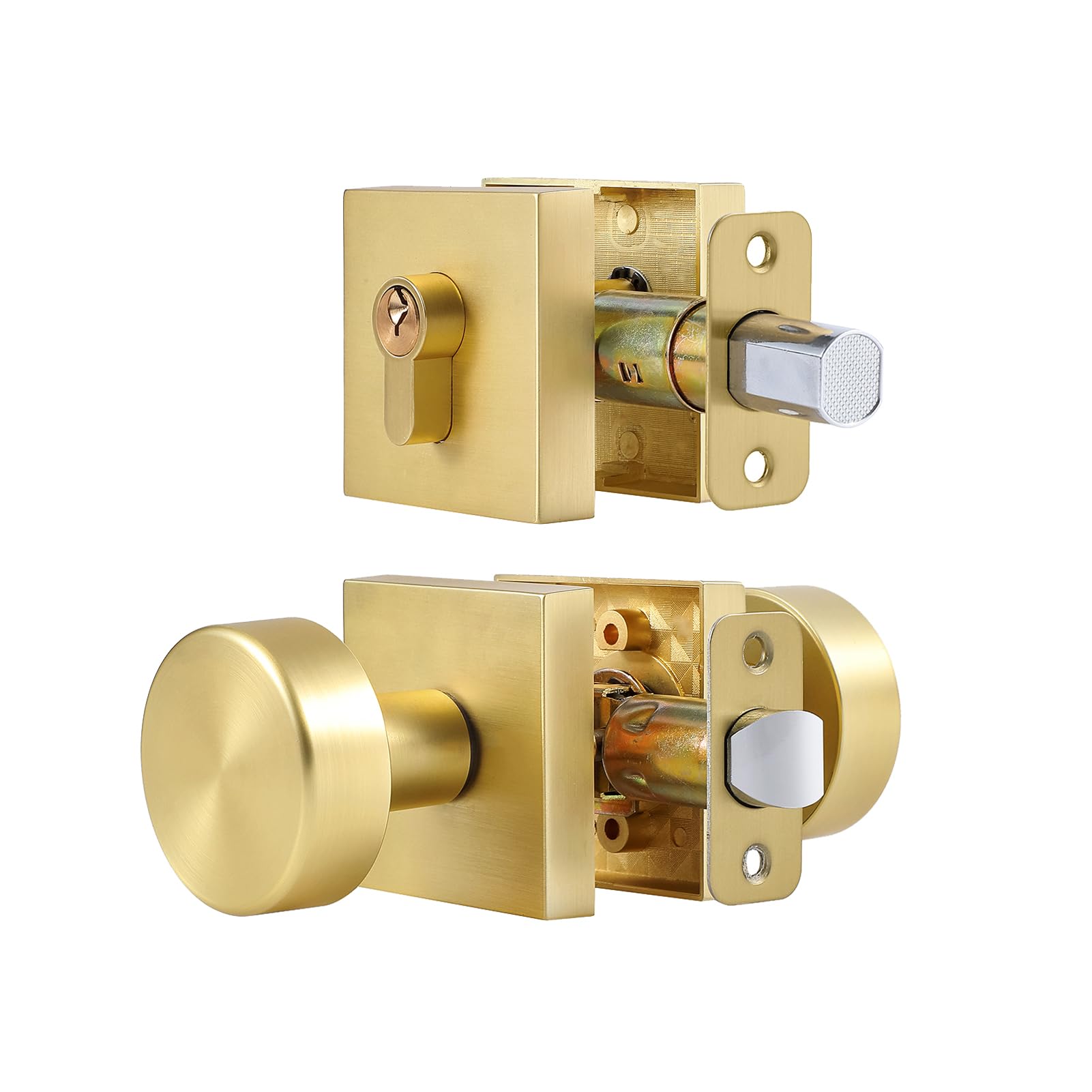 NAUBEA Exterior Gold Door Knob with Key Lock, Modern Satin Brass Lock ...
