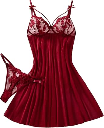 OYOANGLE Women's Two Piece Floral Lace Babydoll Nightgown Underwire ...