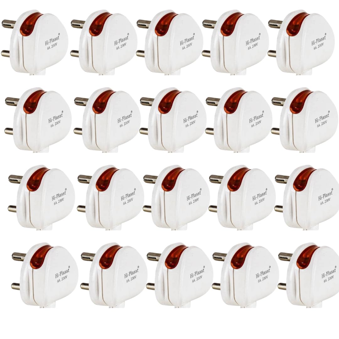 HI-PLASST (Pack of 20) 6a 3 Pin Plug top 240v with Led Indicator for ...