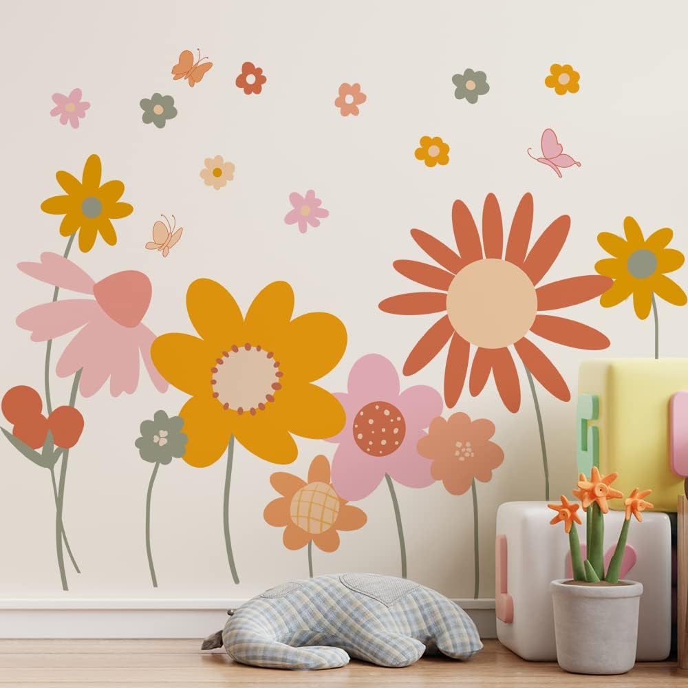Amazon.com: Runtoo Boho Flower Wall Decals Floral Retro Daisy Wall Art ...