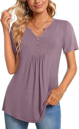 CATHY Womens Short Sleeve Tunic Tops Casual V-Neck Button Blouse Henley ...