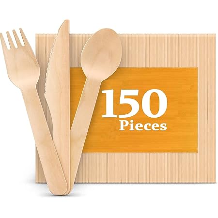H&S 150pcs Wooden Cutlery Set Disposable Biodegradable Wood Eco ...