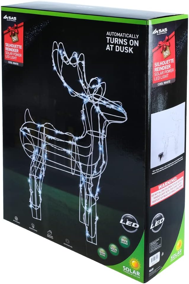 Sas Silhouette Reindeer Solar Power Led Light, Cool White, 50 Led ...