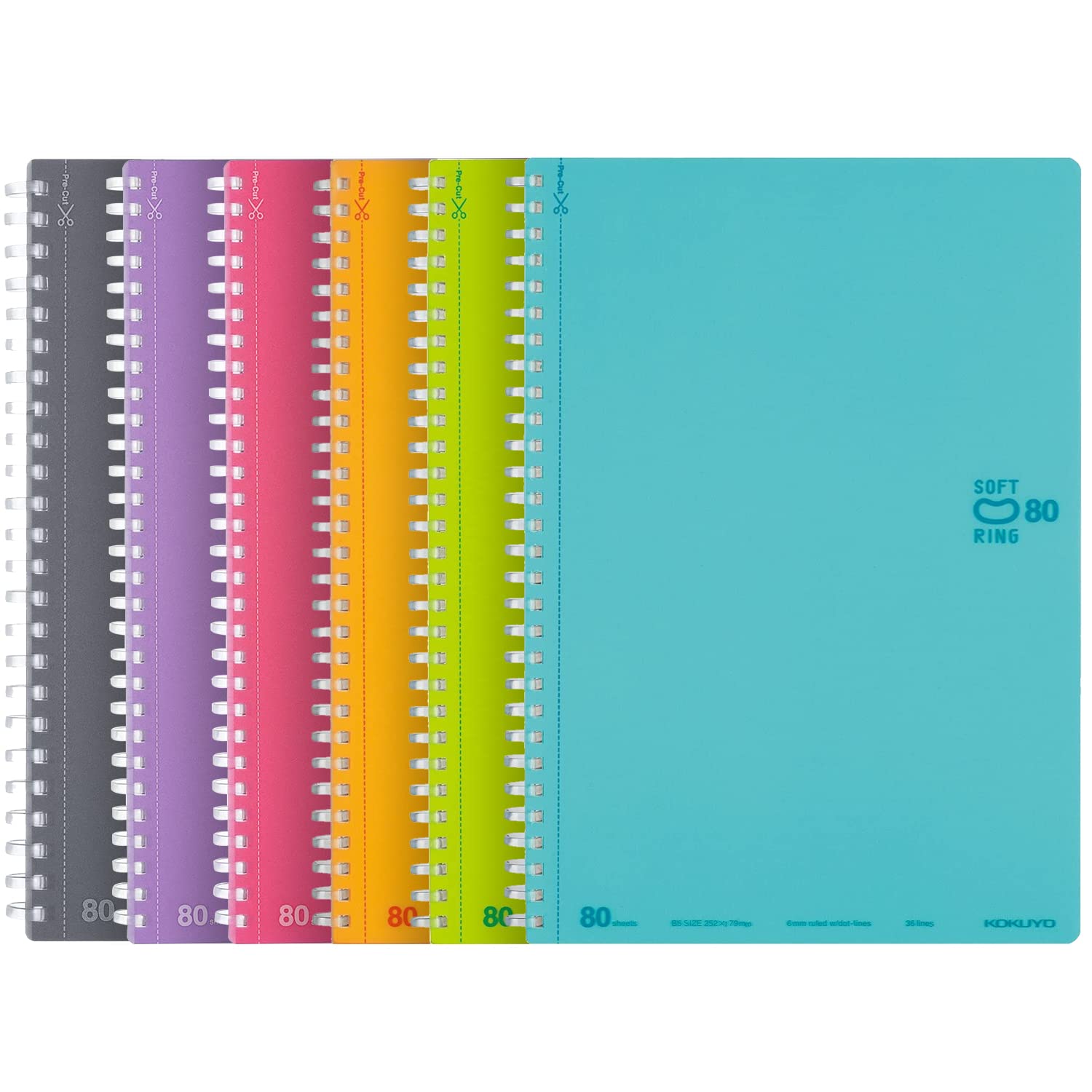 KOKUYO D Shaped Soft Ring Notebook, 6mm ruled w/dot-lines, 36 Lines, 80 Sheets, B5, 6 Colors Set ...
